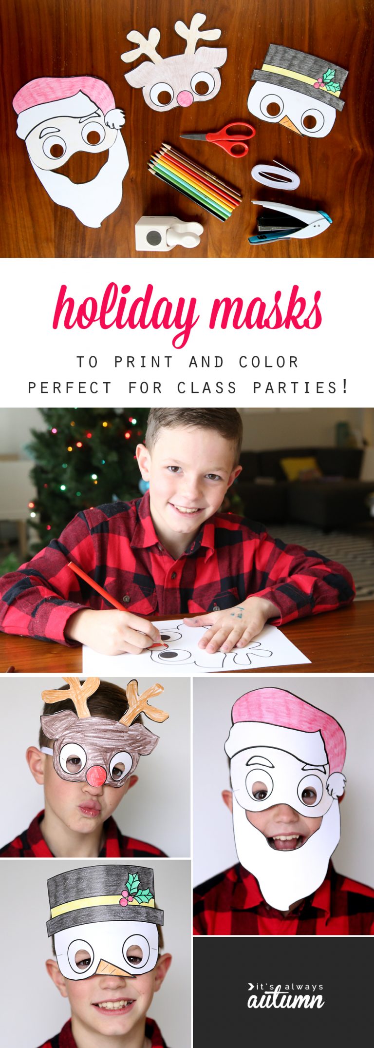 kids' holiday masks to print and color - It's Always Autumn